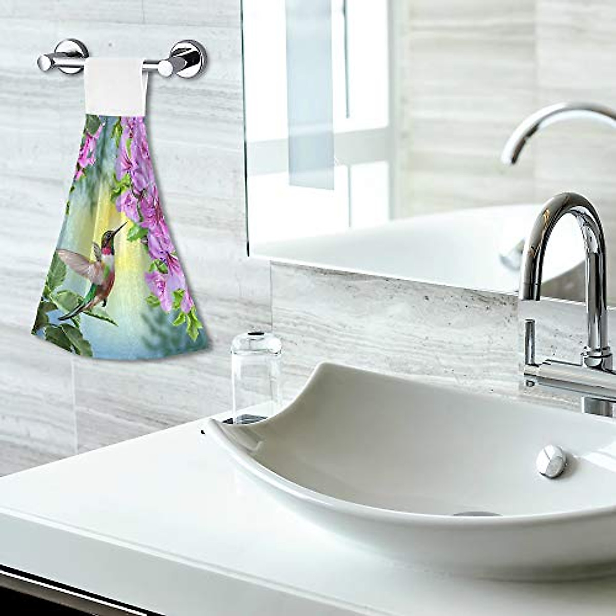 YYZZH Hummingbird Bird Pink Flower Green Leaves Floral Hibiscus Kitchen Hand Towels with Hook & Loop Set of 2 Absorbent Bath Hand Towel Hanging Tie Towel