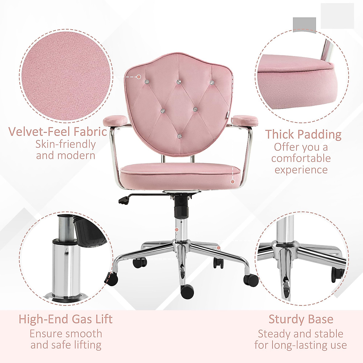HOMCOM Cute Home Office Chair, Computer Desk Chair with Button Tufted Velvet-Feel Fabric, Swivel Vanity Chair, Pink
