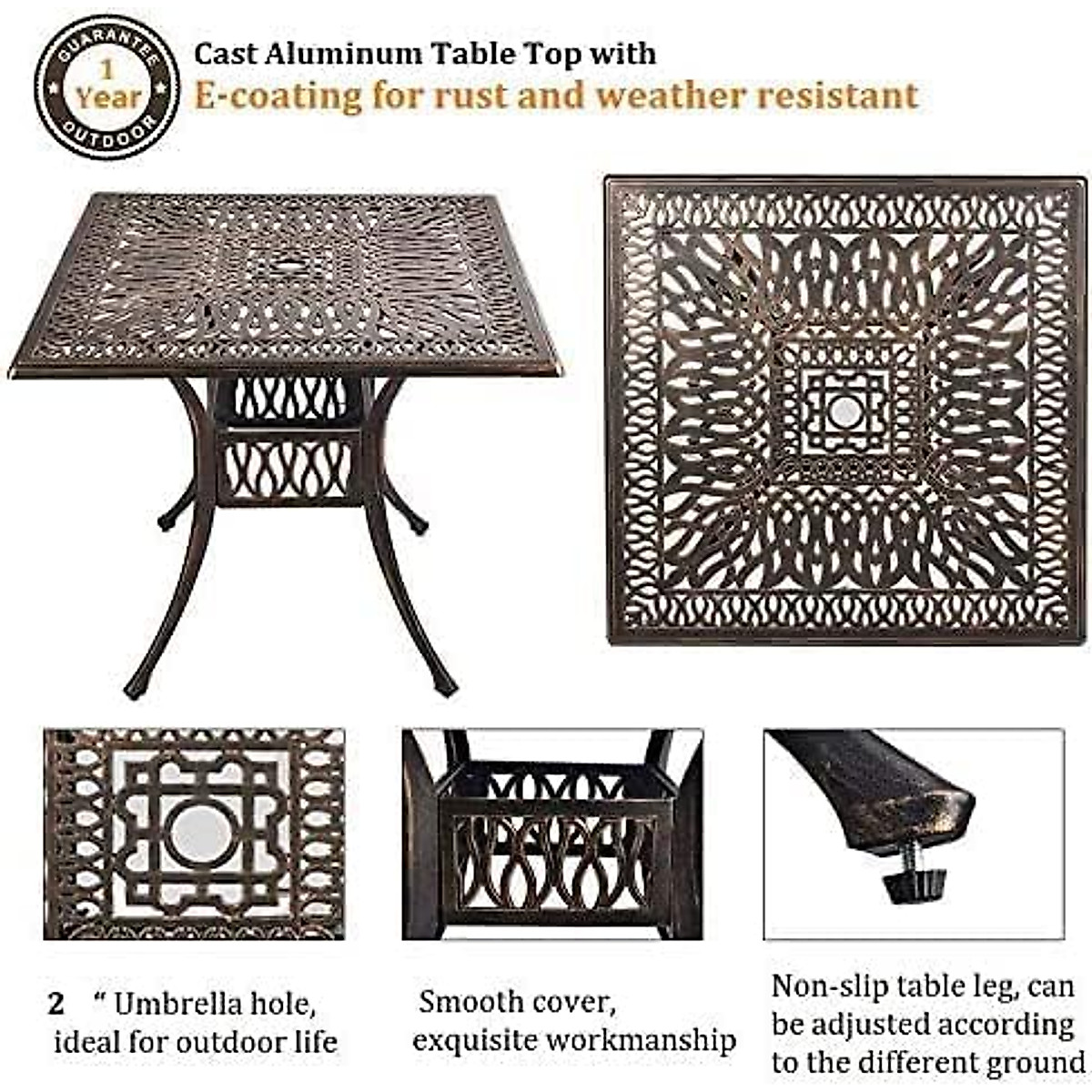 Grepatio 5 Piece Cast Aluminum Patio Dining Set Outdoor Furniture Set Patio Garden Set with 4 Ding Chairs, 4 Cushions and 35.4" Square Patio Table 2.4" Umbrella Hole, Antique Bronze (Khaki)