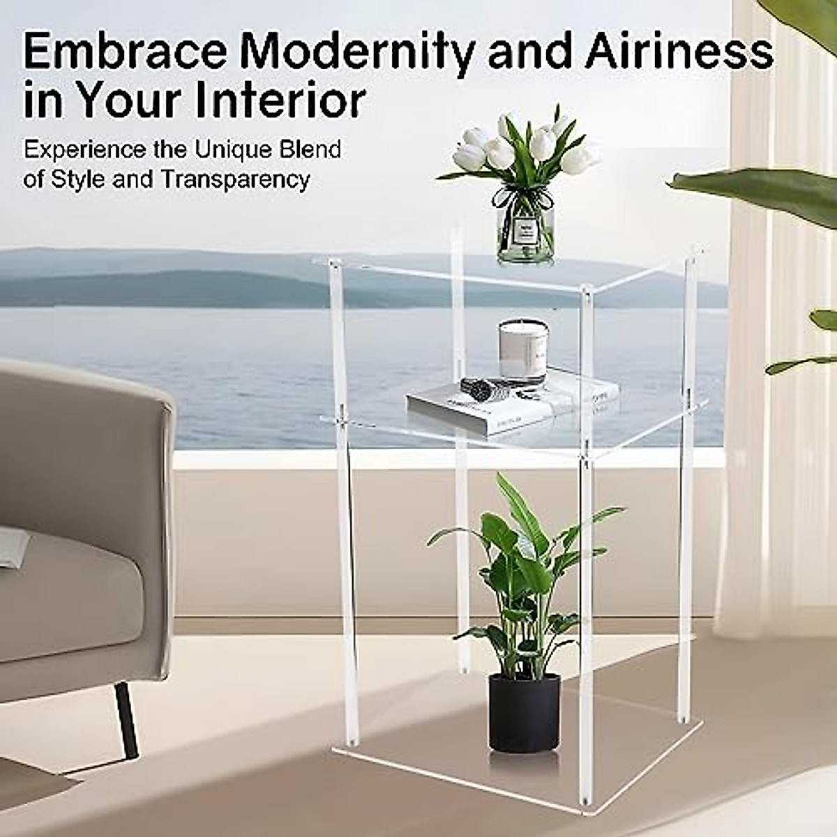 Joogto Acrylic Side Table, Clear 3-Tier Acrylic End Table with Stainless Steel Bracket, Acrylic Nightstand Beside Acrylic Coffee Table for Small Spaces Living Room/Office/Hallway/Bedroom/Balcony
