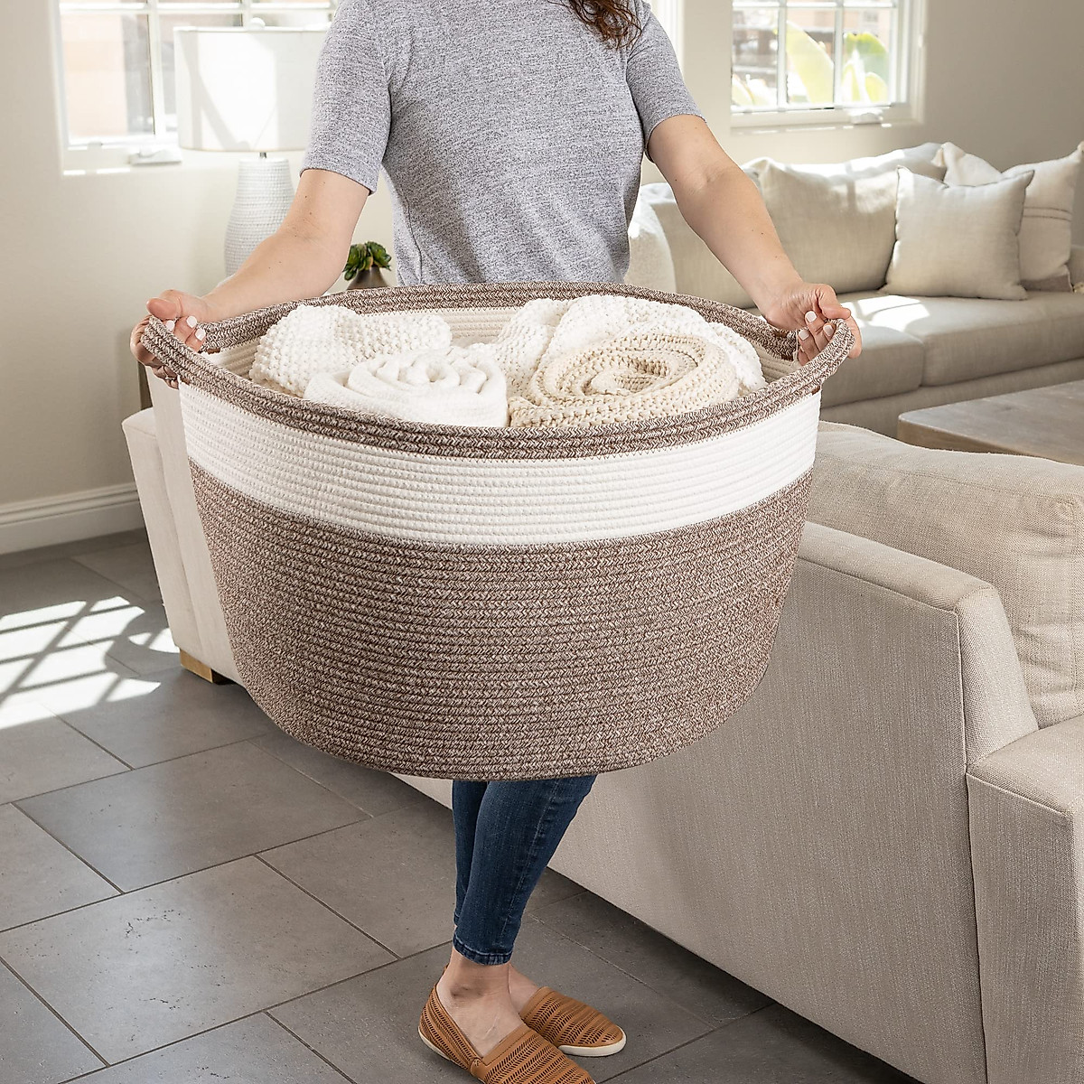 XXL Cotton Rope Basket – 22”W x 14”H – Off-White and Brown - Extra Large Multipurpose Blanket Storage Basket Organizer – Ideal for Baby Nursery, Toys, Towels, Laundry Bin