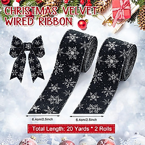 2 Rolls/ 20 Yards Christmas Velvet Wired Ribbons with Snowflake Pattern 2.5'' Wide Xmas Craft Ribbons Gift Wrapping Ribbon for Christmas Tree Wreath Decoration DIY Bows Supplies (Black)