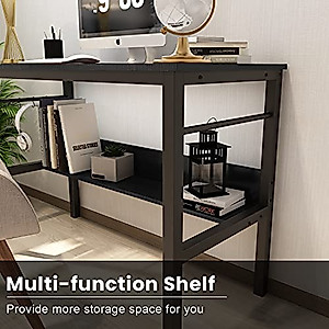 AWQM Modern Home Office Desk, Computer Desk with Side Bag, Storage Shelves and Iron Hook, Work Table, Study Writing Table, Gaming Desk, Workstation for Small Spaces, Black