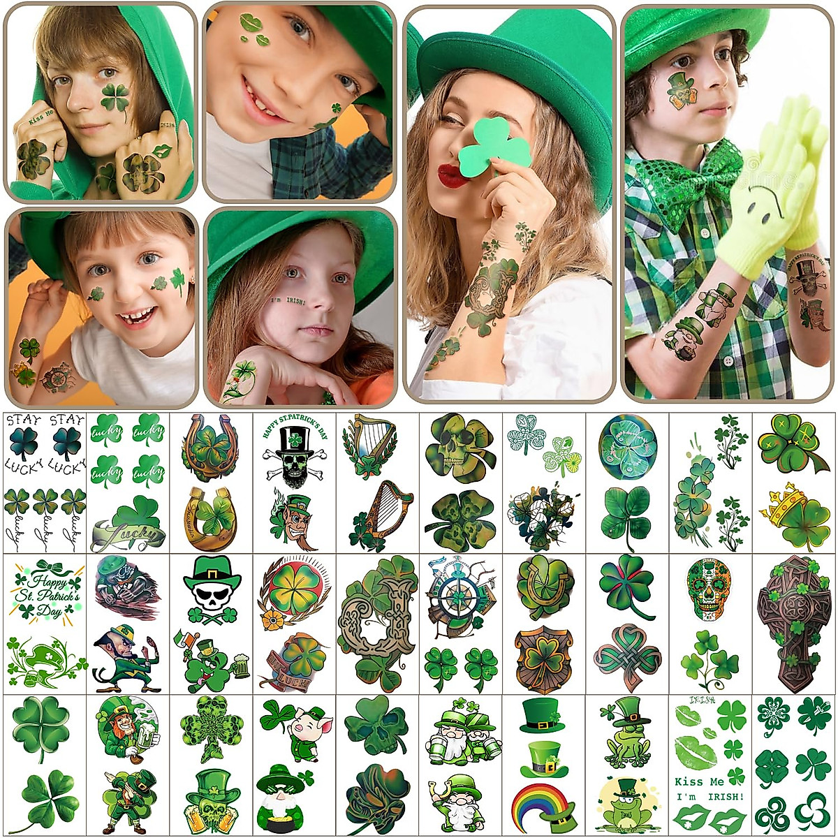 Yazhiji 70sheets St Patricks Day Temporary Tattoo for Kids Girls or Boys 10sheets Larger Half Arm Shamrock Patterned Waterproof Tattoos Stickers for Men or Women And 60 sheets Face Clover Tattoos