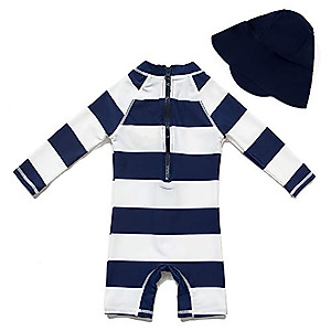 Baby One Piece Zip Swimsuit UPF 50+ Sun Protection Beach Sunsuit (White&Navy, 6-9 Months)