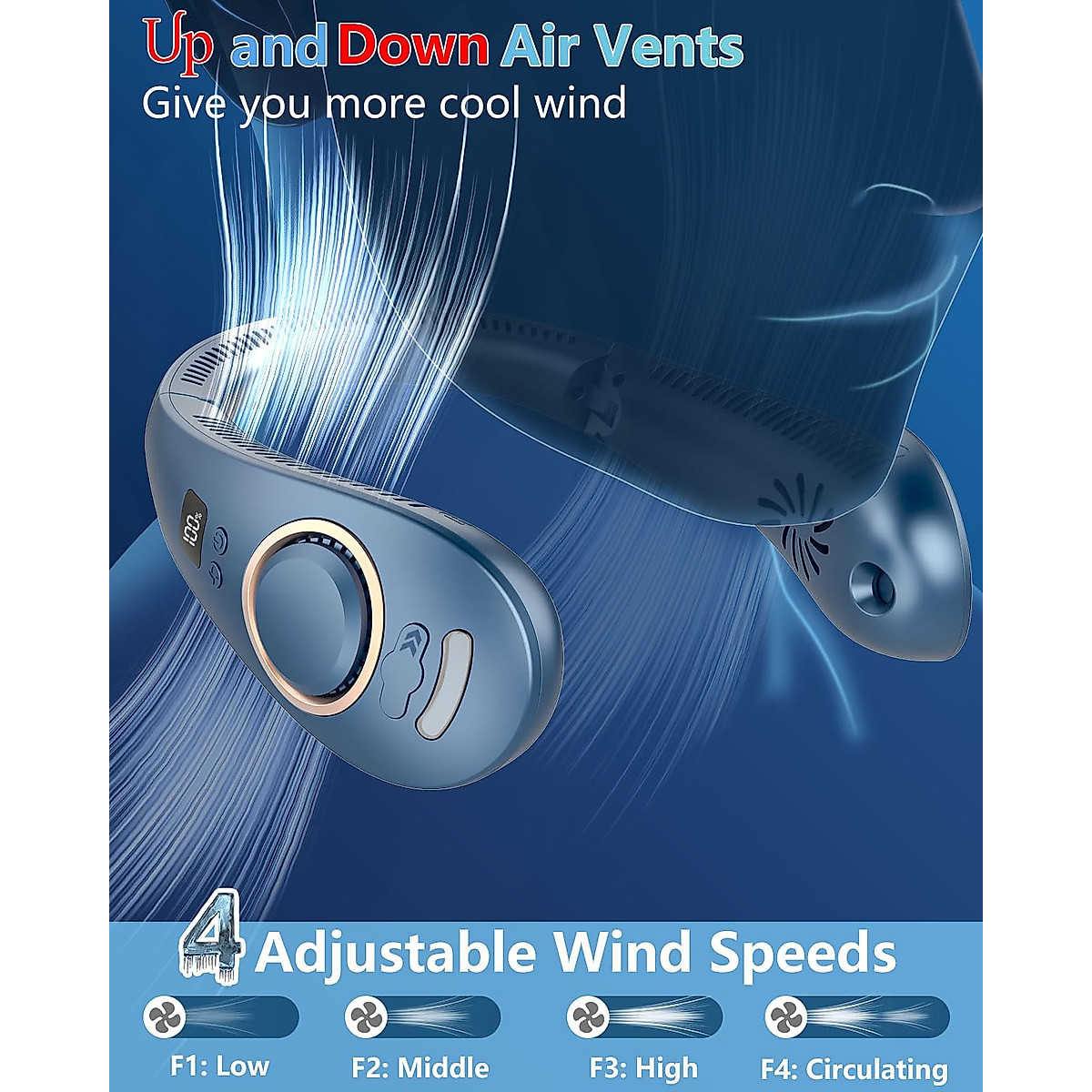 Neck Fan with Mist Spray,Personal Bladeless Folding Neck Fans that Blow Cold Air,Portable Neck Fan Rechargeable Battery Operated Quiet Headphones Device,Wearable Necklace Fan for Women Men Kids Blue