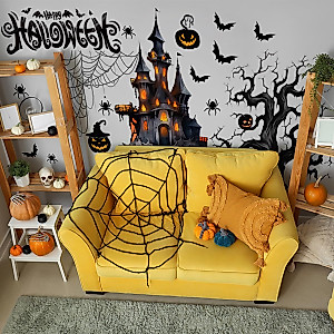 Large Halloween Wall Stickers Halloween Spooky Tree Wall Decal Peel and Stick Halloween Castle Bats Pumpkin Spider Web Wall Sticker for Window Bedroom Living Room Halloween Party Supplies Decorations