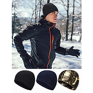 3 Pieces Winter Warm Skull Cap Soft Polar Fleece Beanie Hat Thick Windproof Watch Cap Skiing Outdoor Cap for Men Women (Dark Blue, Black, Camouflage)