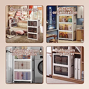 Storage Bins with Lids,Stackable Cabinet Organizer with Caster Wheels,Collapsible Toy Storage with Double Door,12Gal Foldable Plastic folding storage boxes set 3 for Home