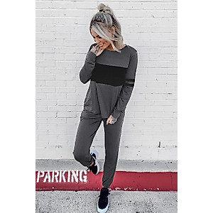 PRETTYGARDEN Women's Color Block 2 Piece Tracksuit Crewneck Long Sleeve Tops Long Sweatpants Outfits Lounge Sets(Dark Grey,Medium)