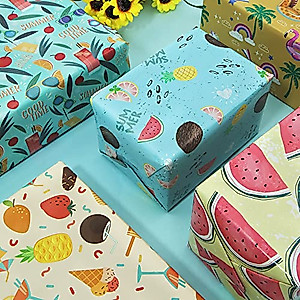 Summer Wrapping Paper Folded Flat, Fruit Tropical Island Beach Theme Wrapping Paper-(5 Designs,10 Sheets,38 sq ft.ttl) - 27 inch X 20 inch Per Sheet-For Kids Boys Girls on Birthday Holiday Baby Shower Pool Party