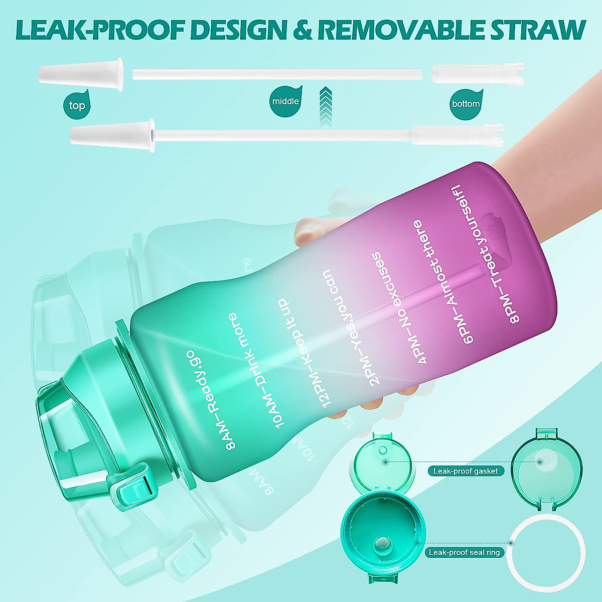 4AMinLA Motivational Water Bottle 2.2L/64oz Half Gallon Jug with Straw and Time Marker Large Capacity Leakproof BPA Free Fitness Sports Water Bottle