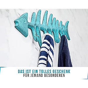 Comfify Decorative Fish Bones Wall Mounted Towel Rack Stylish Cast Iron Hanger w/ 4 “Fish” Hooks | Includes Screws and Anchors - Fish Bones Towel Hanger - Teal Blue