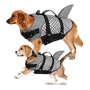 HiPeep Ripstop Dog Life Jacket Adjustable Dog Life Vest Safety Lifesaver Puppy Life Preserver Superior Buoyancy Swimming Boating Rescue Handle Shark Design for Small Medium Large Dogs（Silver,L）