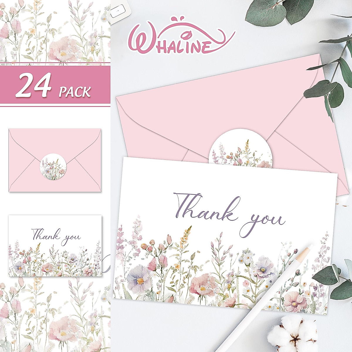 Whaline 24Pcs Wildflower Thank You Cards Bulk Watercolor Pink Flower Greeting Cards with Envelope Sticker Floral Blank Note Cards for Birthday Wedding Baby Shower Bridal Shower, 4 x 6 Inch