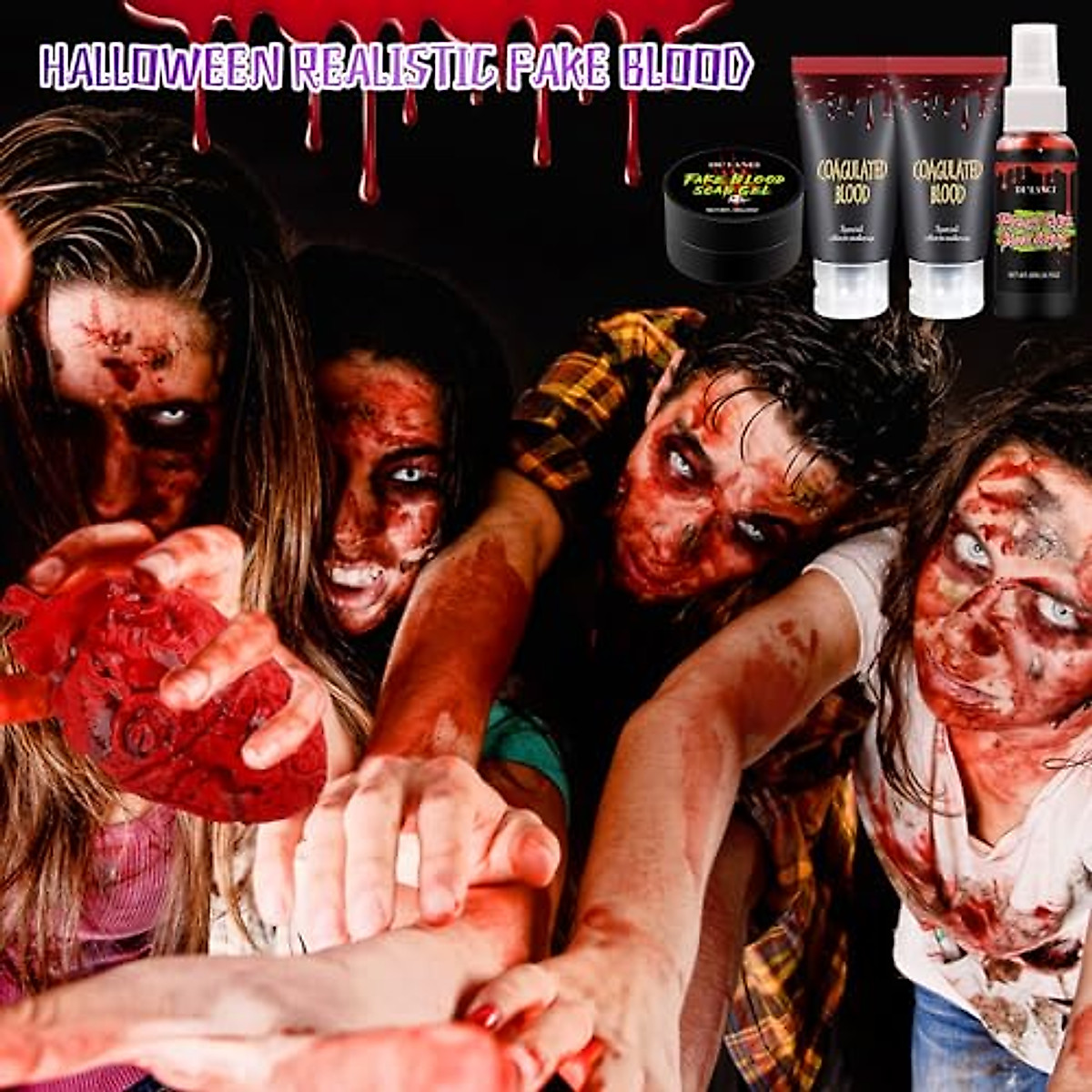 Fake Blood Washable, Fake Blood Makeup Kits- Fake Blood Spray(50ml), Fake Coagulated Blood (30g),Stage Blood(60ml),Halloween Makeup for Clothes,Face,Body Paint,Vampire,Zombie,Clown,Monster,Consumes