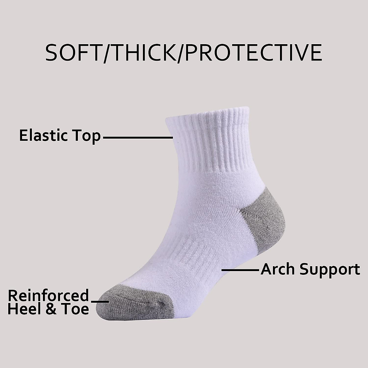 EPEIUS Kids Boys/Girls' Cushioned Socks Thick Cotton Athletic Running Socks Ankle Sports 6 Pack 7-10 Years,White/Grey