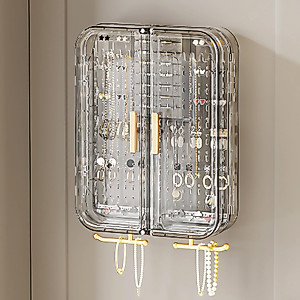 YFUIF Jewelry Boxes & Organizers Display Cabinet, Bedroom Wall Storage Decor Aesthetic, Acrylic Hanging Mounted Holder Earring Ring Necklace Preppy Teen Girl Birthday Gifts 11x8in (Ash Gold)