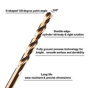 1/4" M35 Cobalt HSS Jobber Length Twist Drill Bit with Straight Shank,Heavy Duty, Pack of 10 PCS, Drilling for Cast Iron, Heat-Treated Steel, Stainless Steel and Other Hard Materials