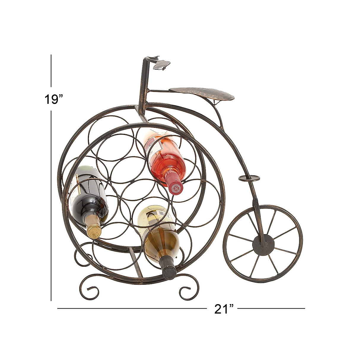 Deco 79 Metal Bike 7 Bottle Wine Rack with Scrollwork, 21" x 9" x 19", Brass