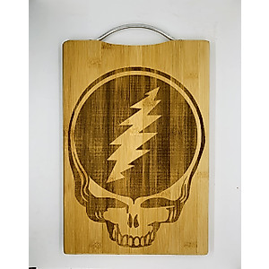 Music Engraved Cutting Boards - Custom Chopping Block with Metal Handle for Kitchen - Bamboo Wood with Laser-Engraved Design - Wedding, Anniversary - 12"x9"x0.67" (Dead Skull Grateful)