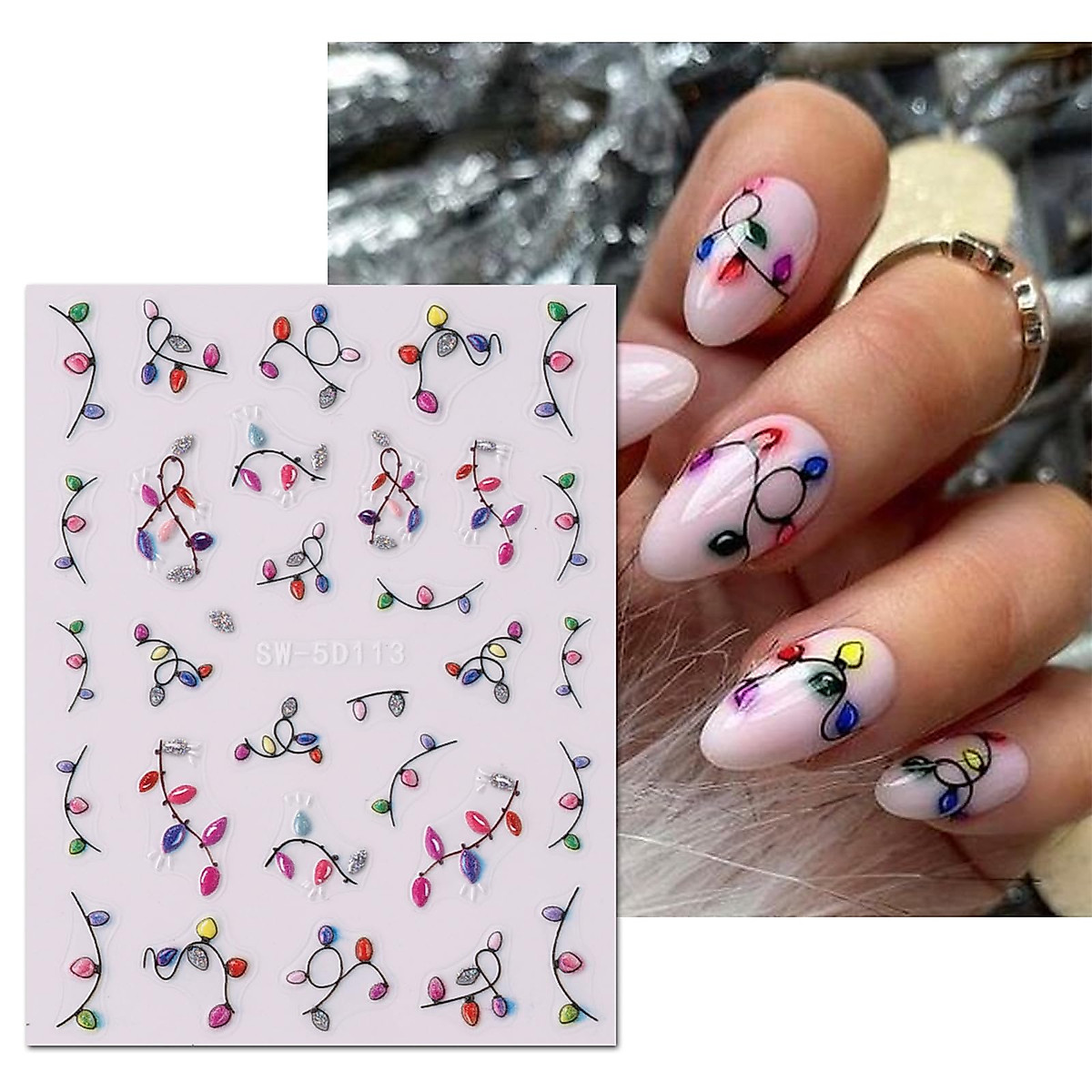 JMEOWIO 6 Sheets 3D Embossed Glitter Christmas Nail Art Stickers Decals Self-Adhesive Pegatinas Uñas 5D Snowflake New Year Xmas Winter Holiday Nail Supplies Nail Art Design Decoration Accessories