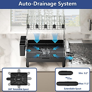 Gxpxlx 2 Tier Dish Drying Rack, 304 Stainless Steel Drying Dishwashing Rack with 360° Rotating Spout, Auto-Drain Dish Drainers with Drainboard, Utensil Holder, Large Dishrack for Kitchen Counter