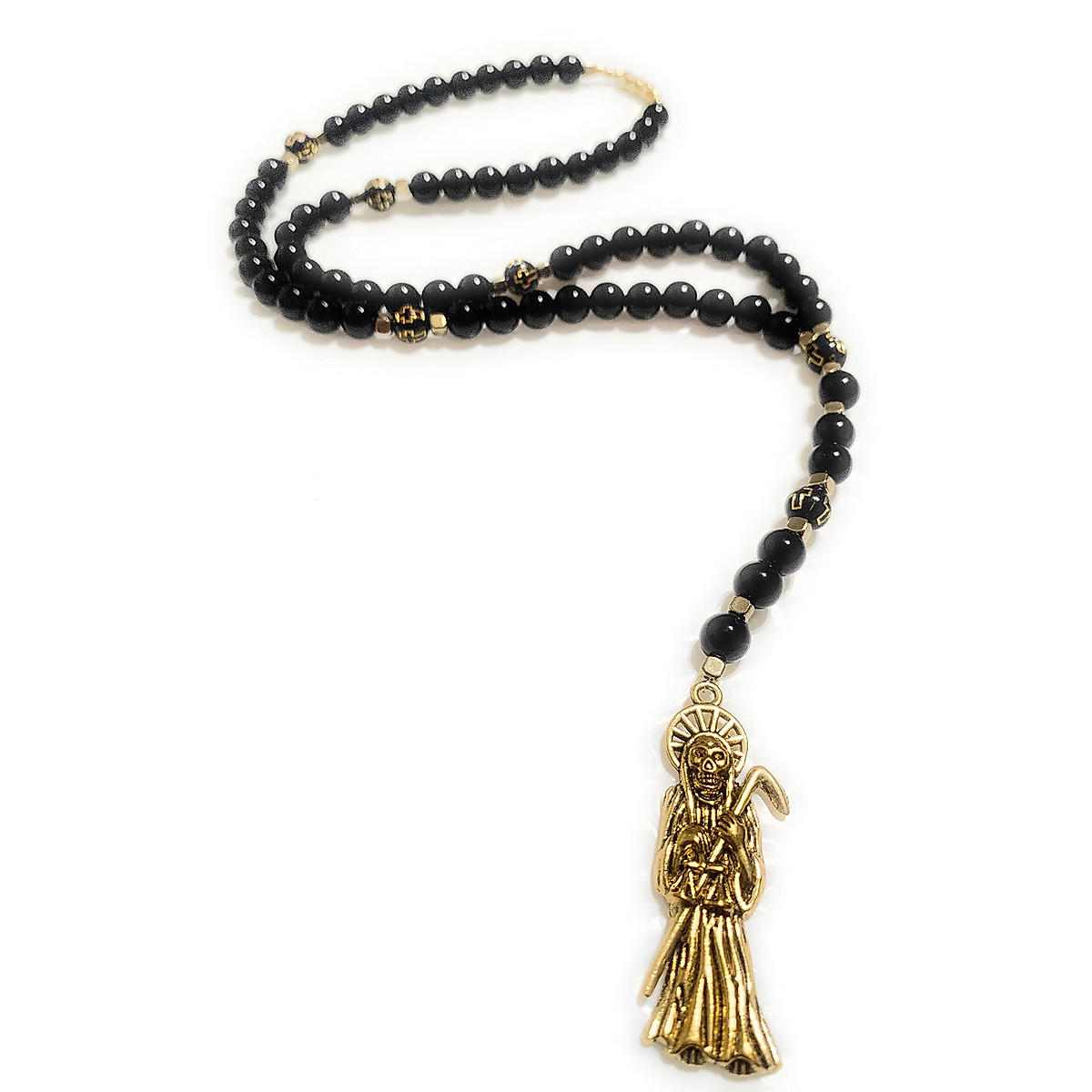 Acrylic Holy death's necklace, rosary style. Collar de la Santa Muerte de acrilico estilo rosario. Grim reaper Y style necklace.