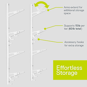 4-Tier Snowboard Wall Mount Rack by Delta Cycle - Extendable Ski Rack Wall Shelf with Integrated Accessory Hooks for Helmets and Poles - Space-Saving Storage, Durable Design - Hardware Included