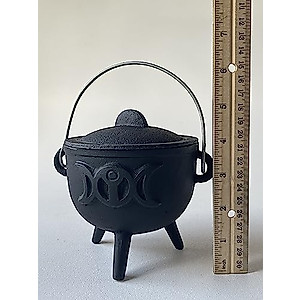 Triple Moon Cast Iron Cauldron with Lid and Handle, Witches Cauldron, Great for Use with Charcoal Incense, Smudge Sage, 4.25"-4.5"
