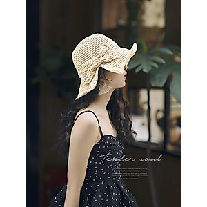 Foldable Wide Brim Floppy Straw Beach Sun Hat,Summer Cap with Bowknot for Women Girls,Strap Adjustable (1 Pack Beige)