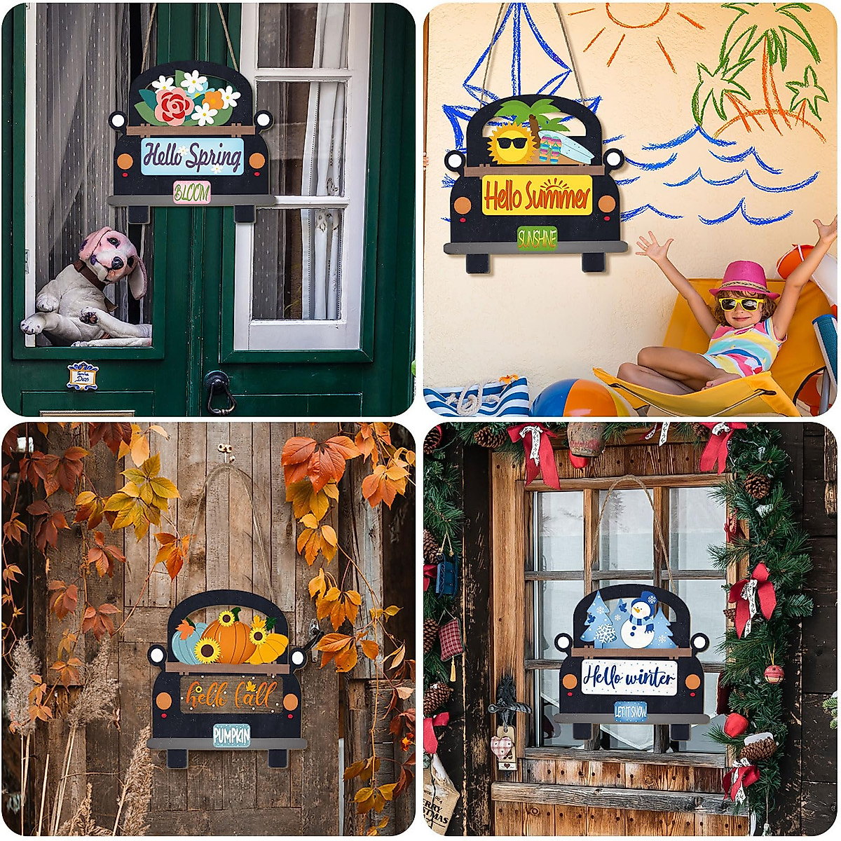 Interchangeable Welcome Sign Farmhouse Seasonal Truck Welcome Sign Interchangeable Holiday Decor and 45 Pcs Rustic Holiday Icons Hanging Truck Door Hanger for Front Door Home Porch Spring Decorations