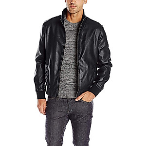 Tommy Hilfiger Mens Faux Leather Bomber Windbreaker Jacket, Black, Large US