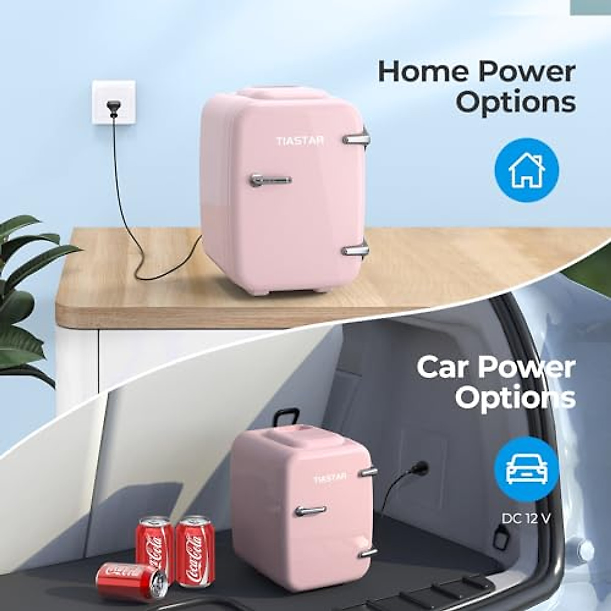 Tiastar Mini Fridge, 4 Liter /6 Cans Skincare Fridge for Bedroom, Dorm, Car, Office, 110V AC/ 12V DC Small Fridge, Thermoelectric Cooler and Warmer, Pink
