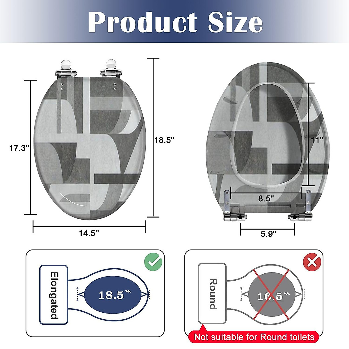 Elongated Toilet Seat black white tile for washroom kitchen Grey cement texture watercolor Resin Toilet Seat Quietly Slow Close with Quick-Release Hinges Toilet Seat with Cover Easy to Clean Install