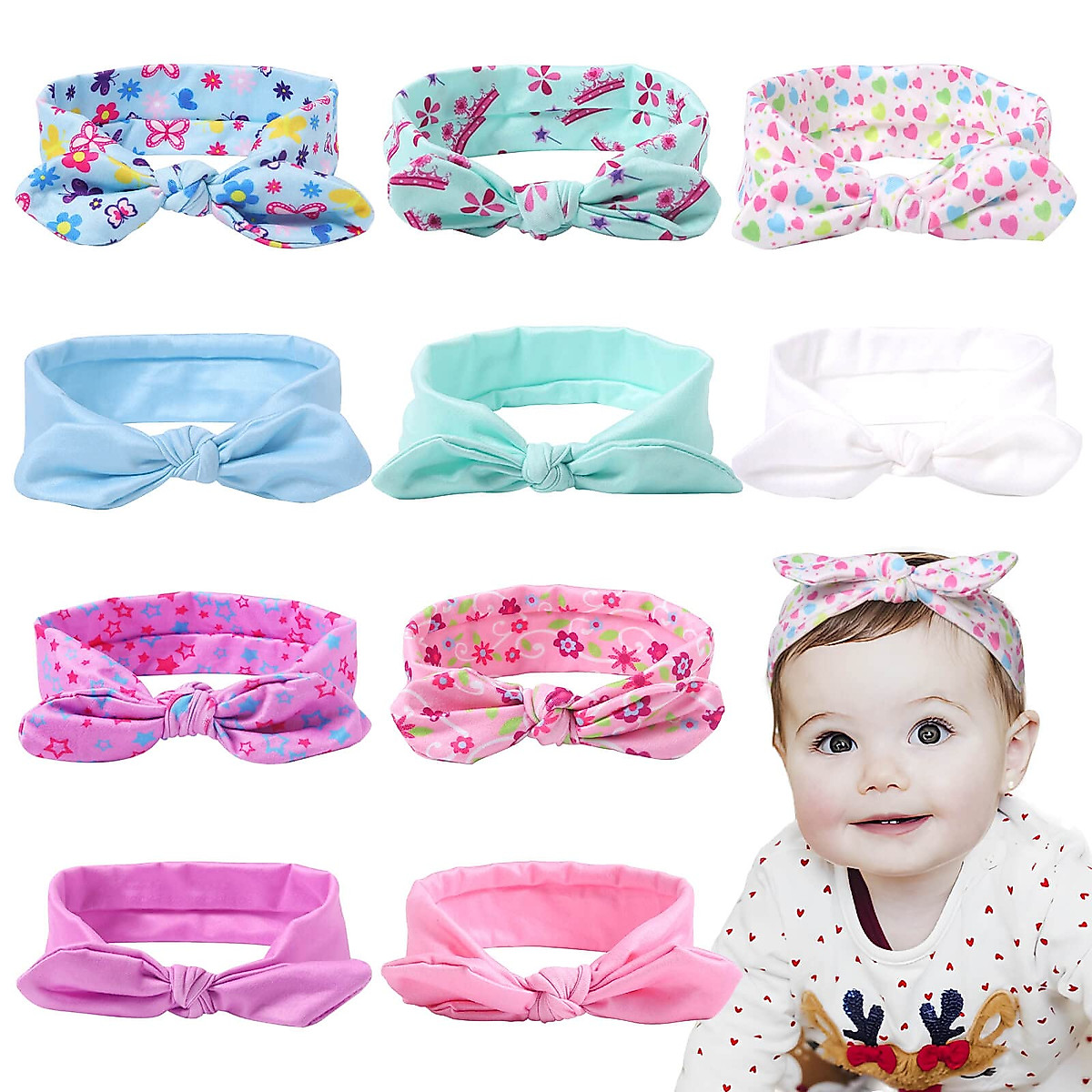 Rhoxshy Super Stretchy Soft Knot Baby Girl Bow Headbands Elastic Nylon Hairbands Turban Hair Accessories for Newborn Baby Girls Infant Toddlers and Kids(10 Colors)