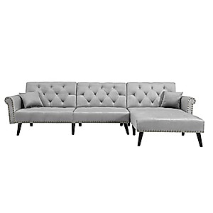 LCH Velvet Convertible Sleeper Sectional Sofa Bed,Reversible L Shaped Button Tufted Couch Furniture Set with Chaise Lounge 2 Pillows for Living Room, Office, Light Grey