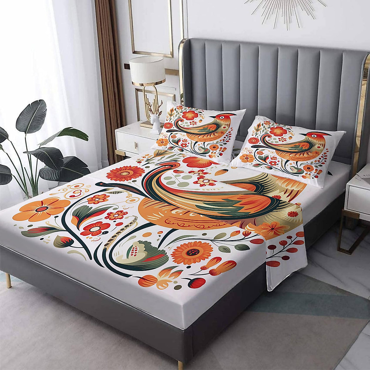 Bird Sheets Full Size, Floral Flower Bed Sheets, Patterned Bedding Sheets & Pillowcases 4 Piece Set - Soft Microfiber Deep Pocket Fitted Sheet & Flat Sheet & 2 Pillow Cases K1-&-18