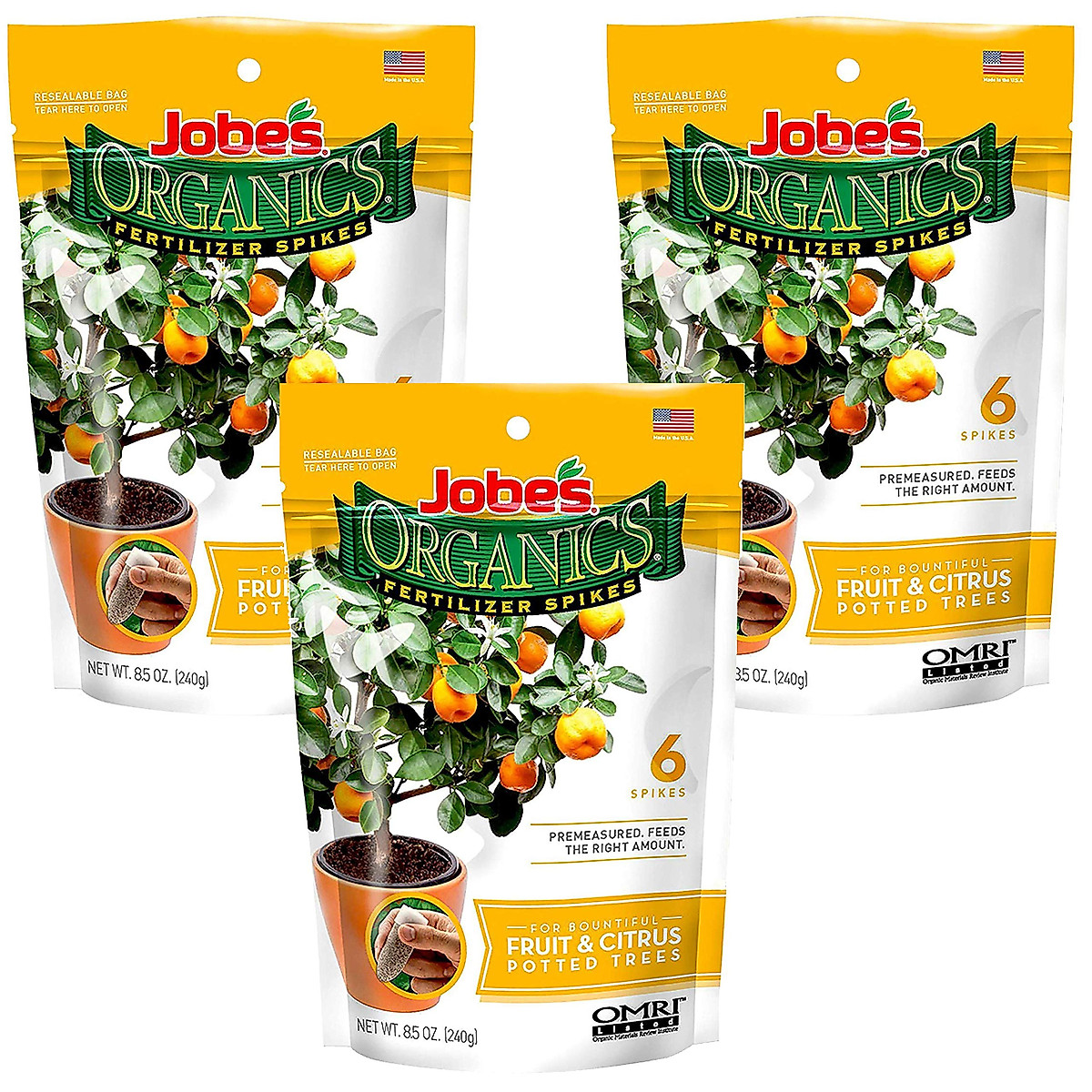 Jobe’s Organics Fruit & Citrus Tree Fertilizer Spikes, 3-5-5 Time Release Fertilizer for All Container or Indoor Fruit Trees, 6 Spikes per Package (3)