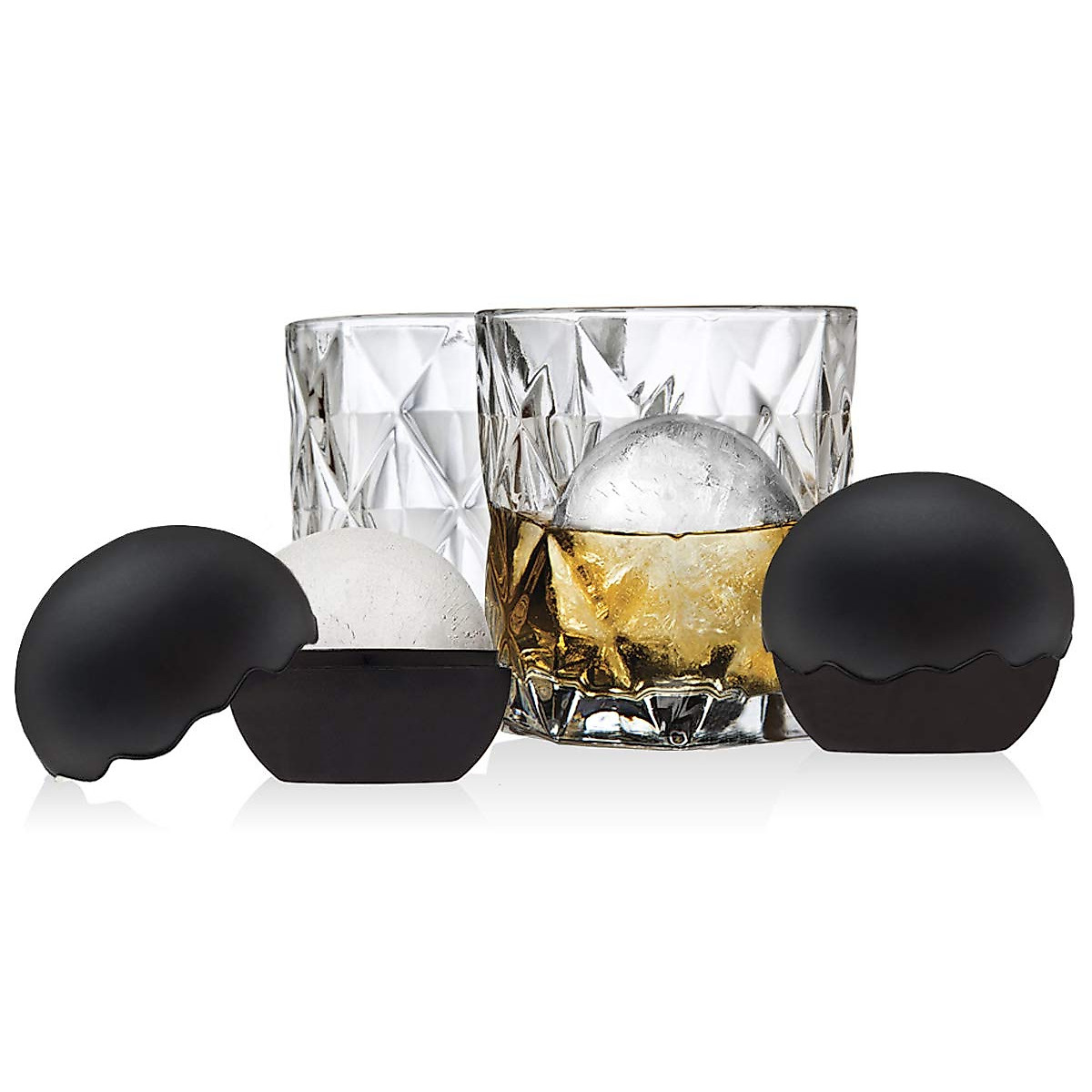 Whiskey Barware Set - 2 Old Fashion Tumbler Glasses with 2 Chilled Whisky Ice Ball Molds