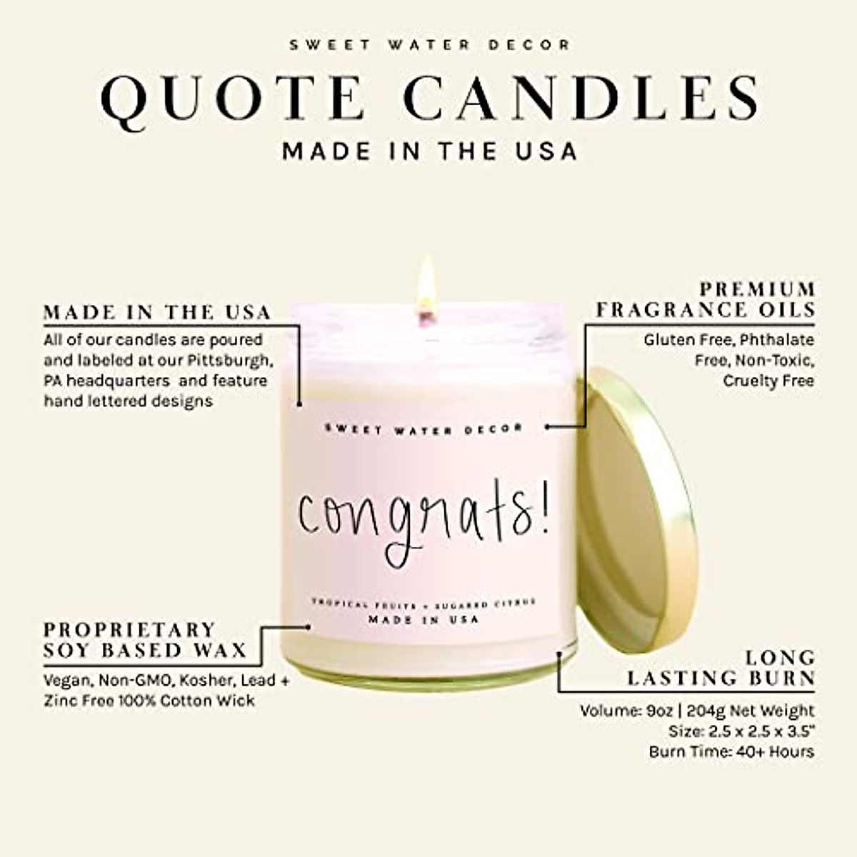 Sweet Water Decor, Congrats! Tropical Fruits and Sugared Citrus Island Scented Soy Wax Candle for Home | 9oz Clear Jar, 40 Hour Burn Time, Made in the USA