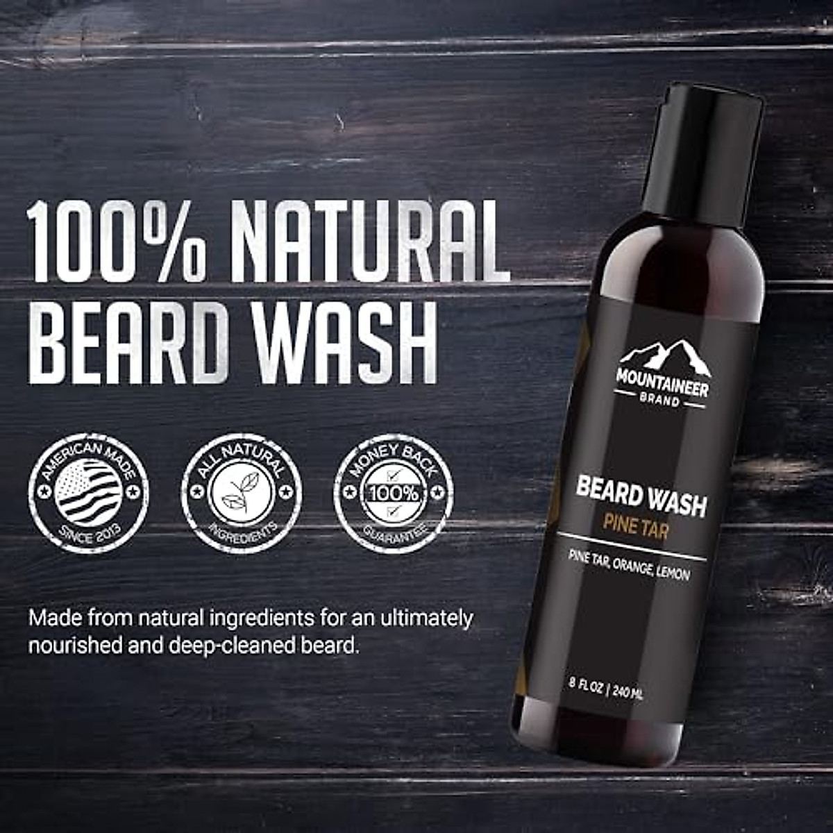 Mountaineer Brand Beard Wash For Men | 100% Natural Beard Shampoo | Thick Cleaning Softening Lather for Hair and Skin | Hydrate and Detangle | Grooming Treatment | WV Pine Tar Scent 8oz