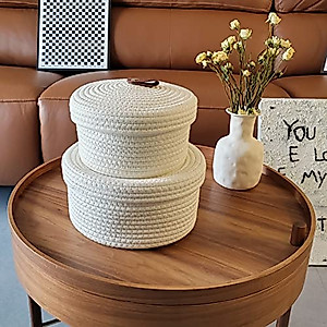 Aplolemo Round Cotton Rope Storage Basket with Lid,Decorative Woven Storage Bin,Organizer Box Container for Snacks Towels Plants, Leather Design Lidded Round Basket-Set of 2(11"x6"/9"x5")-White
