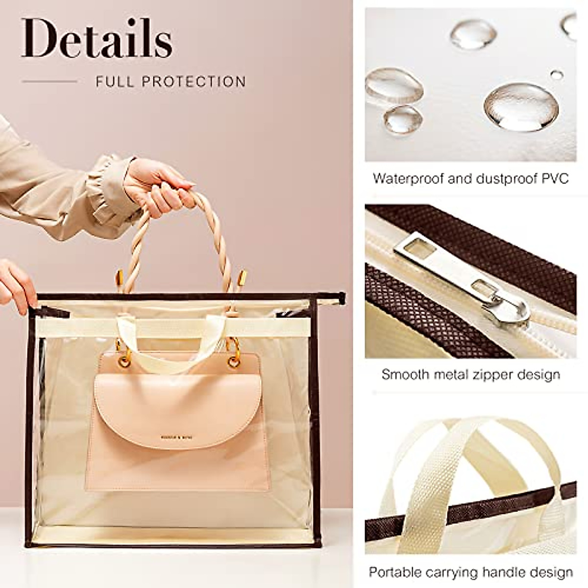 Uizokequq 10 Pack Dust bag for handbag - 4 Sizes Clear Purse Storage Organizer for Closet, Hanging Zipper Closet Organizers and Storage, Beige