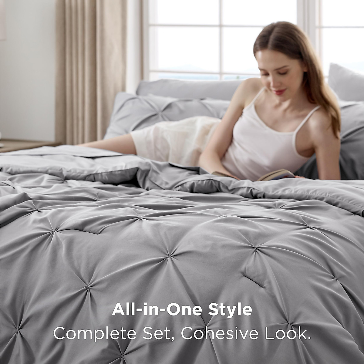 BEDSURE Queen Comforter Set - Bed in a Bag Queen 8 Pieces, Pintuck Bedding Sets Grey Bed Set with Comforters, Sheets & Skirt, Pillowcases & Shams