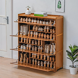 Magshion Bamboo Shoe Storage Cabinet with Pull-Down Doors, 7 Tier Shoes Rack Organizer for Entryway Hallway Living Room, Freestanding Shoe Cabinet Organizer for Convenient Shoe Organization (Brown)