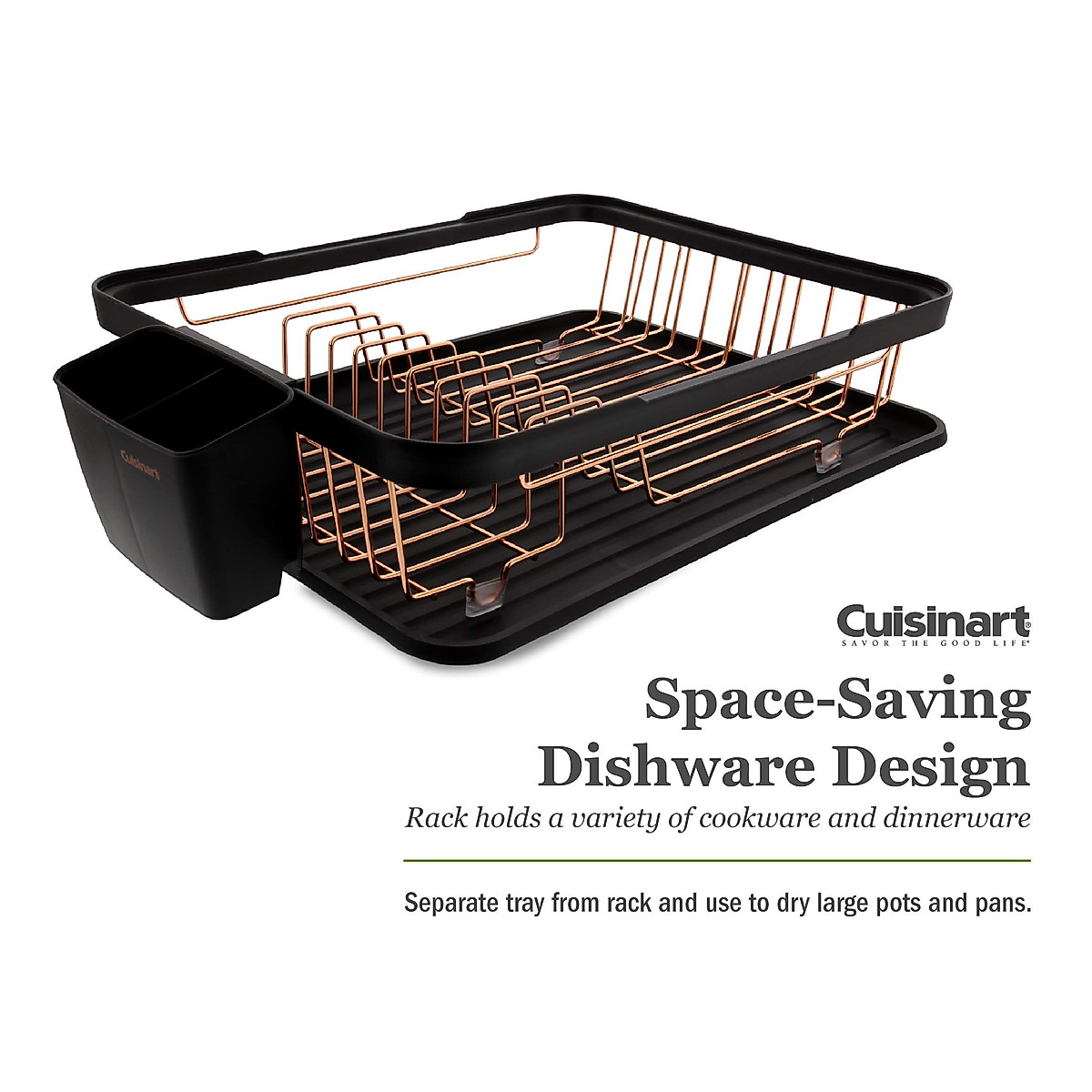 Cuisinart Wire Dish Drying Rack and Tray Set – 3 Piece Set Includes Wire Dish Drying Rack, Utensil Caddy, and Draining Board – Measures 19 x 12.75 x 4.25 Inches – Matte Black/Copper Wire