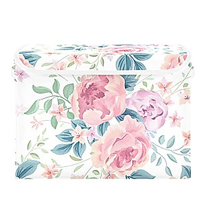 Kigai Storage Basket Pink Rose Flower Floral Storage Boxes with Lids and Handle, Large Storage Cube Bin Collapsible for Shelves Closet Bedroom Living Room, 16.5x12.6x11.8 In