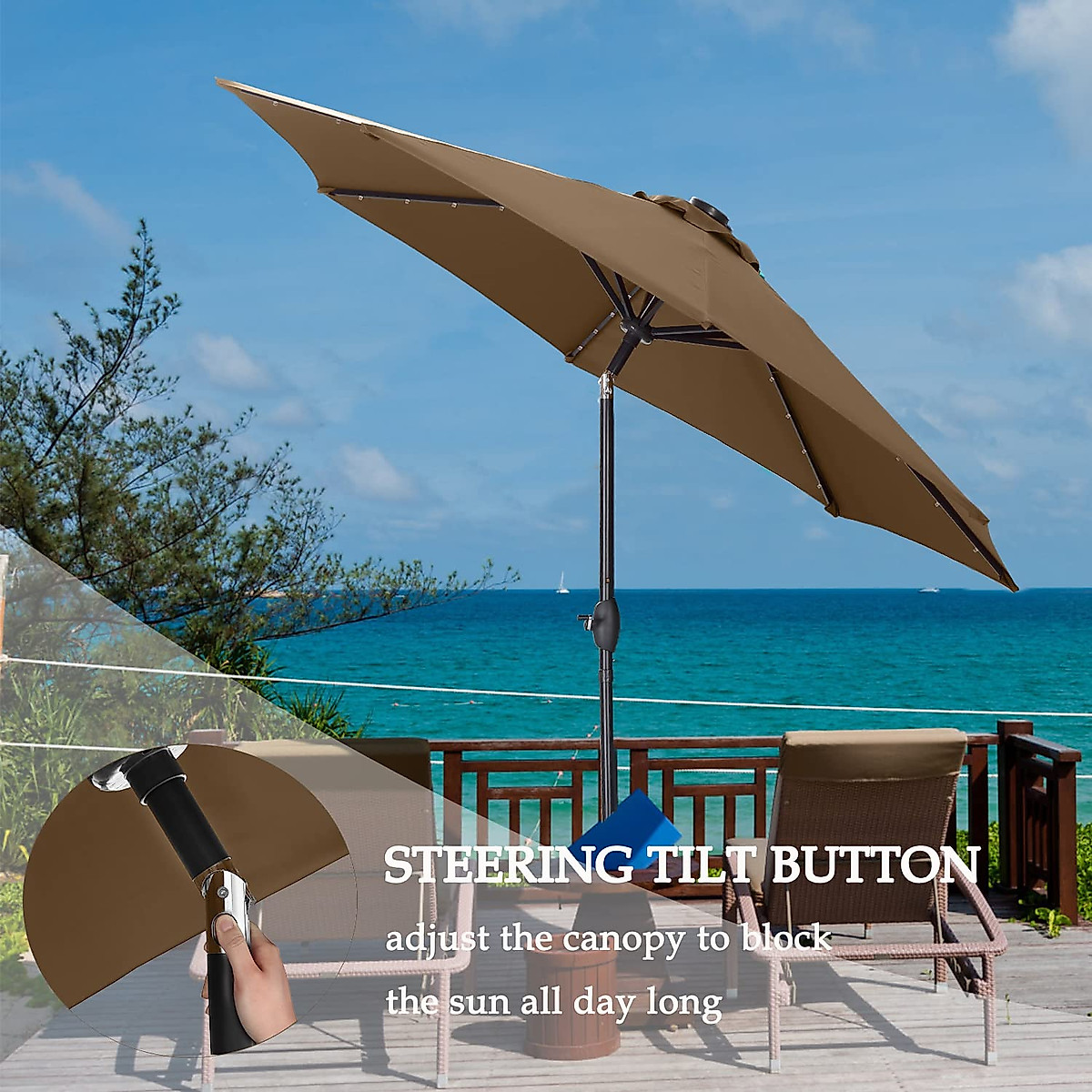 Sunoutife 10FT Patio Umbrella with 40 Solar LED Lights, Large Outdoor Table Umbrella with Tilt Adjustment and Crank for Market Garden Backyard & Pool