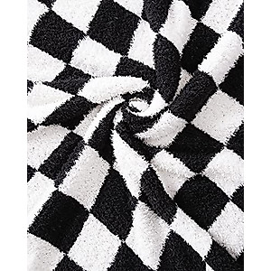 Panku Super Soft Checkered Throw Blanket, Knitted Cozy Warm Checkboard Fleece Blankets for Couch and Sofa, Reversiable Luxury Fluffy Plaid Knit Blanket Throw Black and White 50x60 Inches